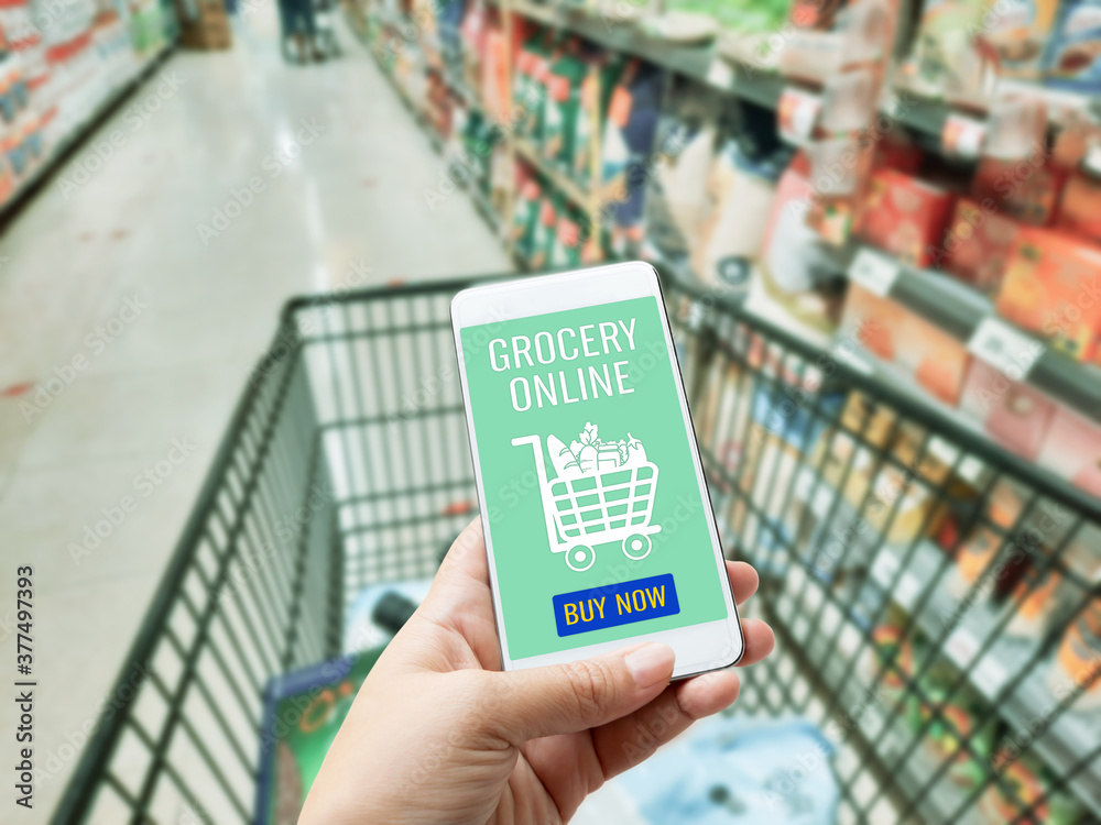 Online order grocery shopping on touch screen concept. Woman hand ...
