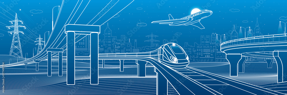 Outline road bridge. Car overpass. Train rides. Airplane fly. City ...