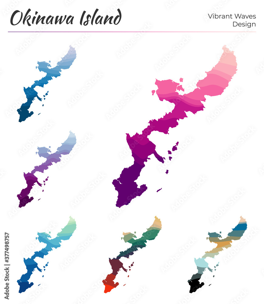 Set of vector maps of Okinawa Island. Vibrant waves design. Bright map ...