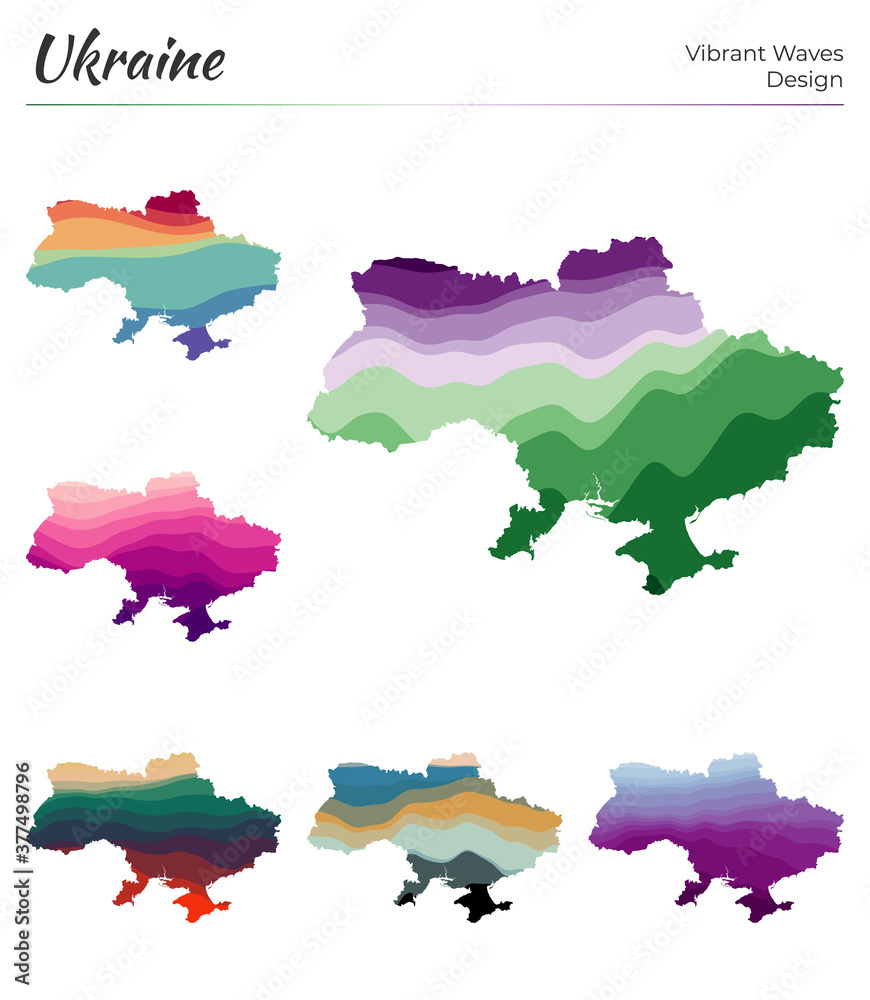Set of vector maps of Ukraine. Vibrant waves design. Bright map of ...
