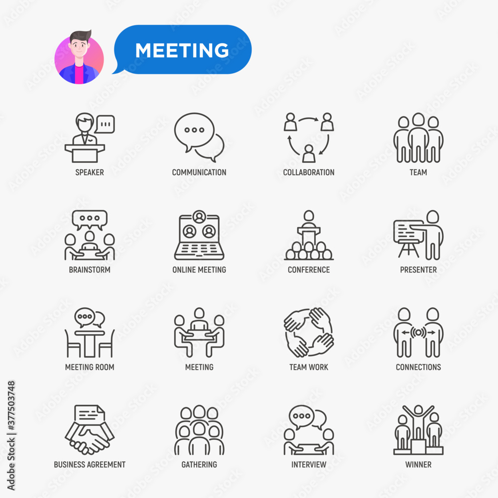 Meeting thin line icons set: speaker, communication, collaboration ...