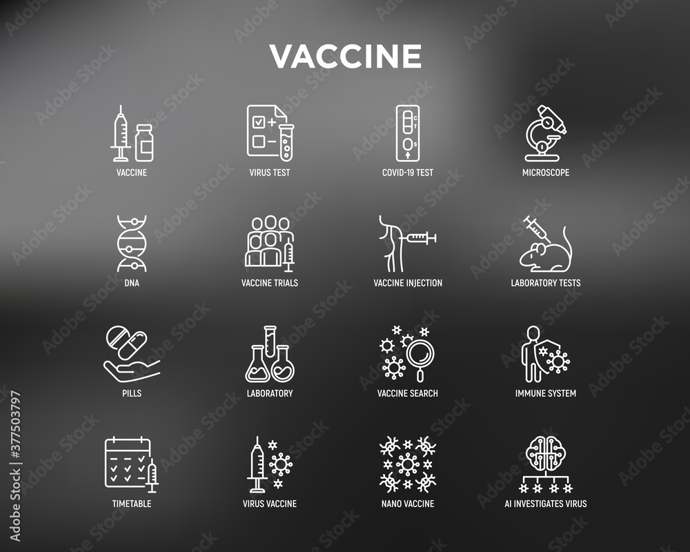 Vaccine thin line icons set: syringe and ampoule, laboratory test ...