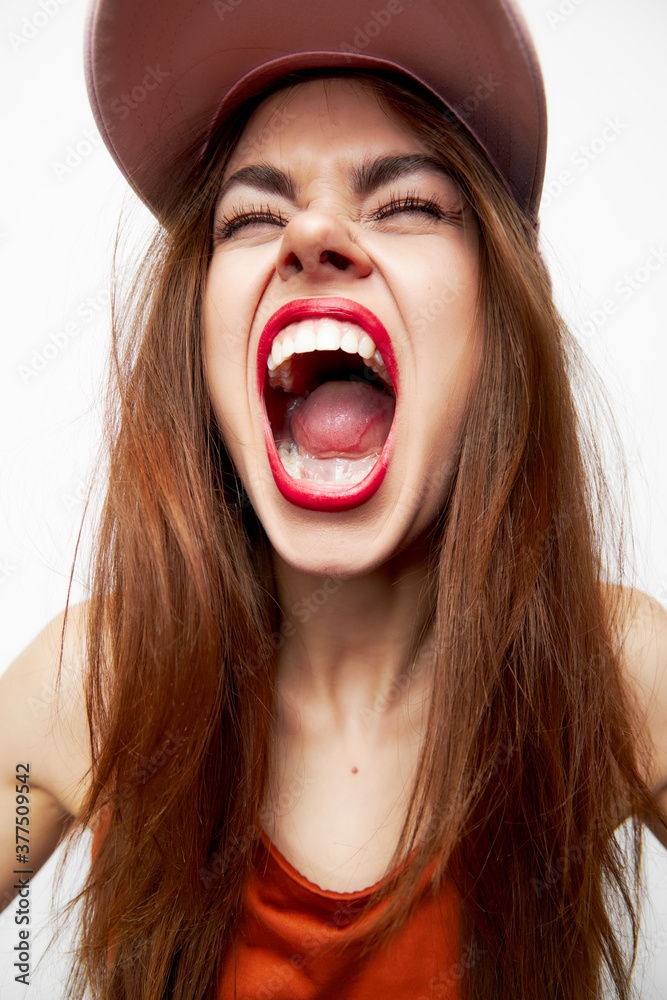 Beautiful Woman In A Cap Face Close Up Wide Open Mouth Red Lips Photos