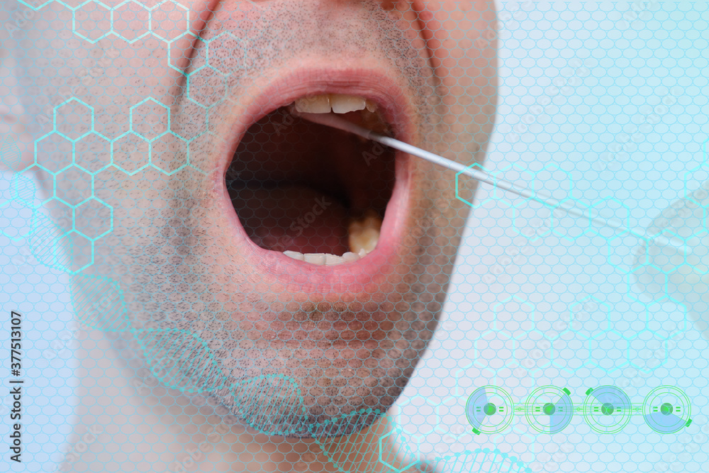 lab assistant takes a man’s saliva sample from his mouth for DNA ...