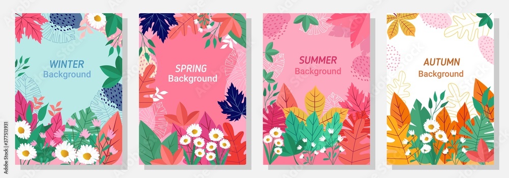 Vector set four seasons, winter, spring, summer, autumn, flowers and ...