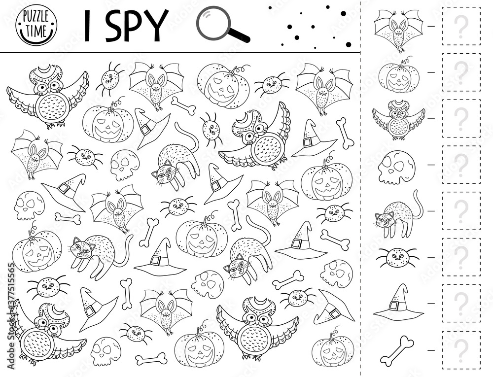 Halloween black and white I spy game for kids. Searching and counting ...
