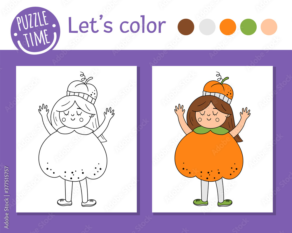 Halloween coloring page for children. Cute funny girl dressed like ...