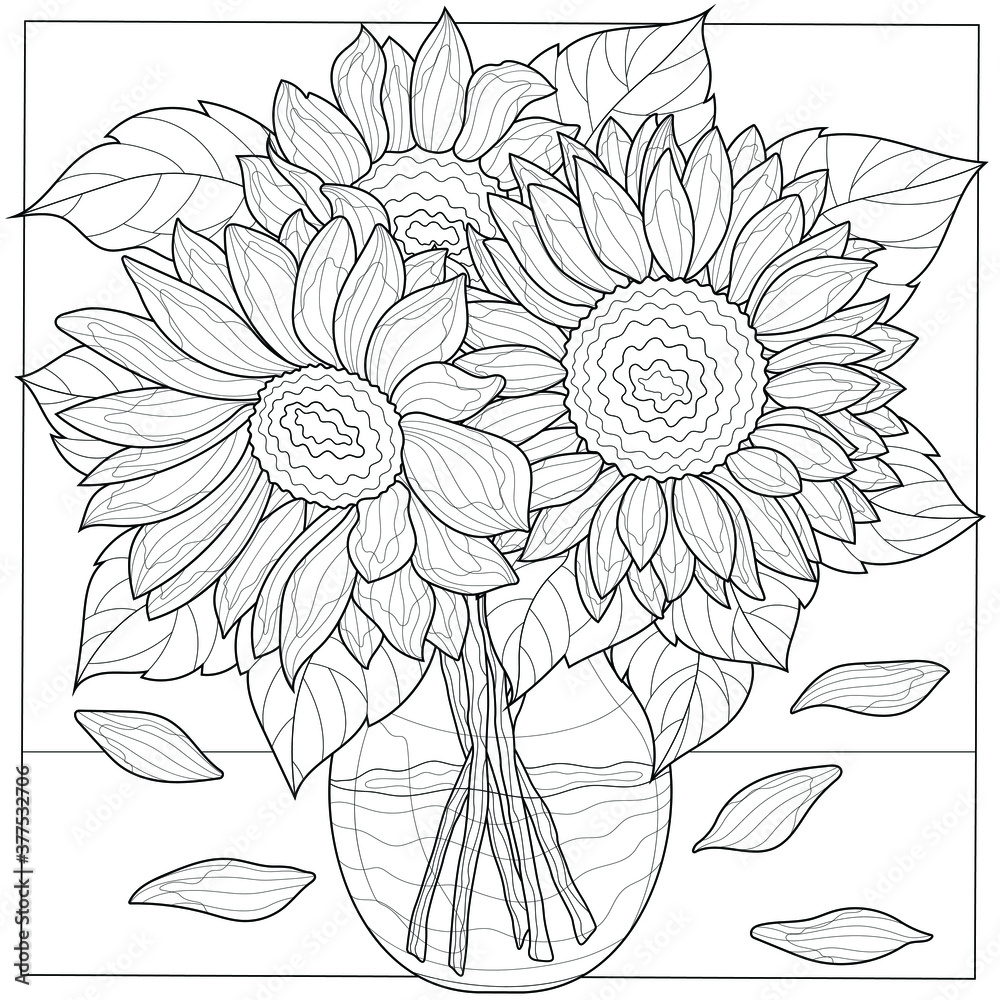 Sunflower bouquet. Flowers.Coloring book antistress for children and ...