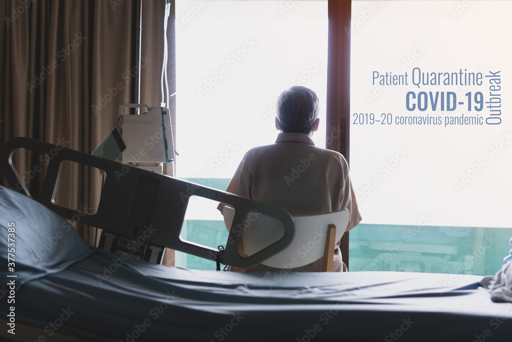 Hospital quarantine or isolation of asian patient sitting alone bed ...