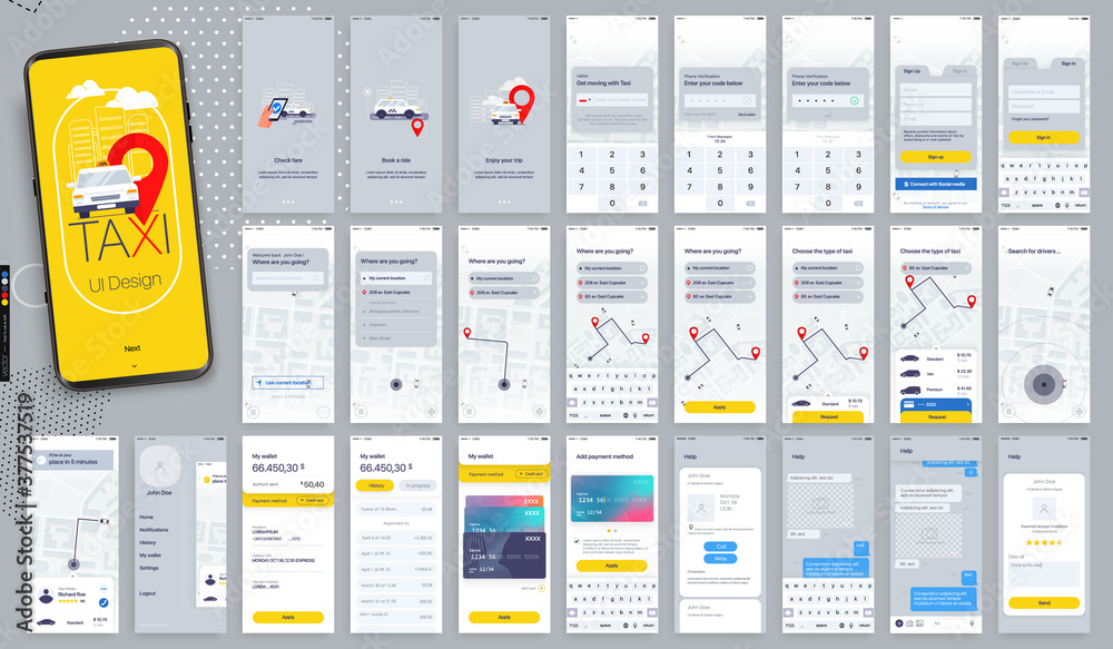 Design of the Mobile Application, UI, UX. Set of GUI Screens Taxi App ...