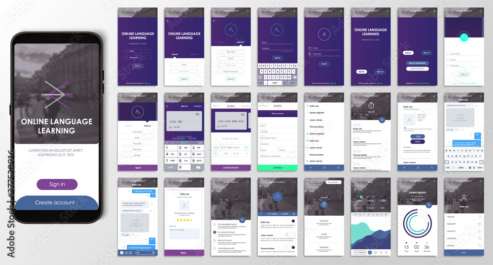 Vetor de Design of the mobile application, UI, UX. A set of GUI screens ...
