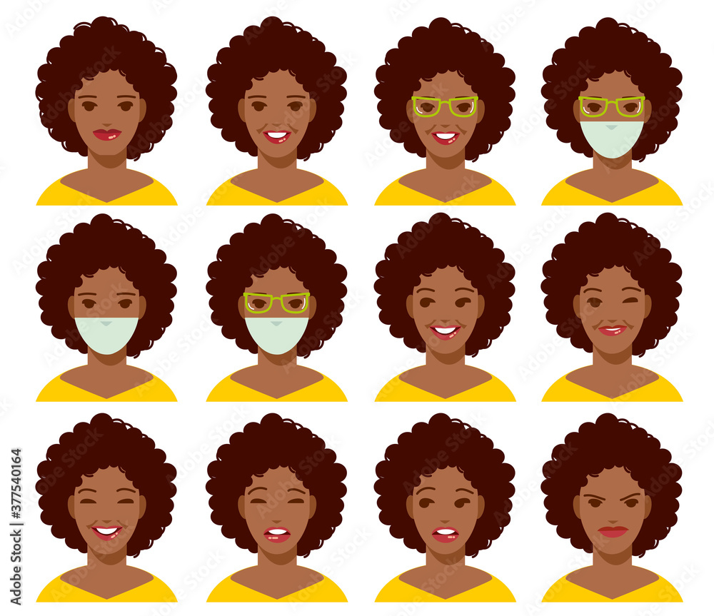 Set of facial expressions of an Afro woman, Afro-american, African ...
