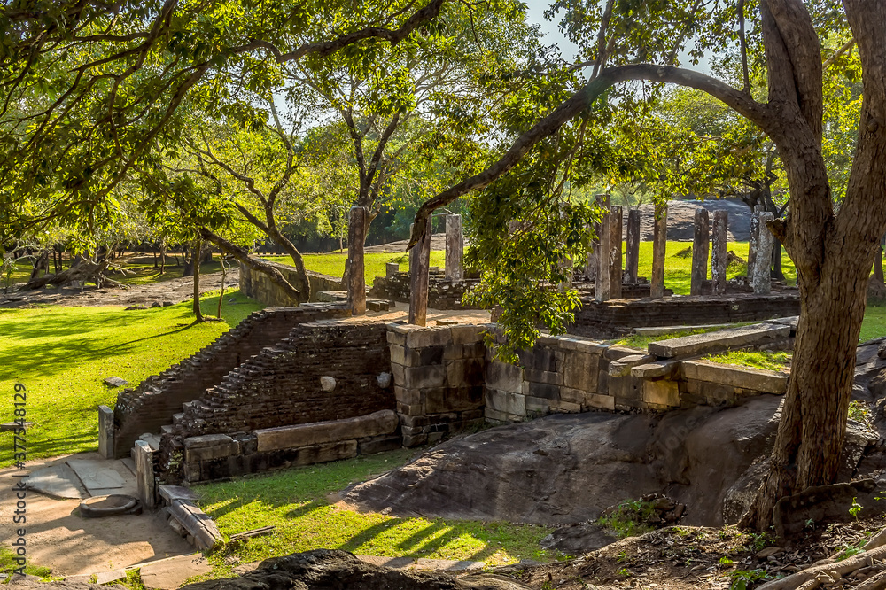 Ancient stupa ruins are hidden amongst the trees in the Medirigiriya ...