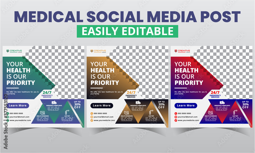 Medical social media post design Vector editable templates. Modern ...