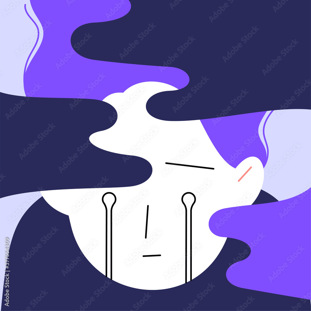 Flat vector portrait of a depressed woman crying. Dark clouds as a ...