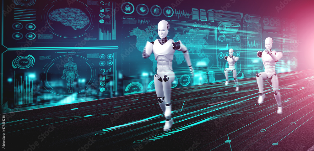 Running robot humanoid showing fast movement and vital energy in ...