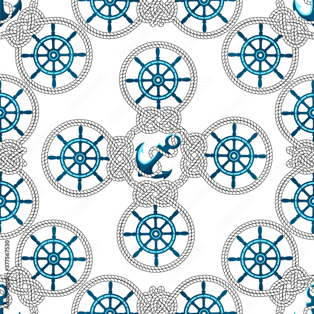 Marine seamless pattern - a rope with a sailor's knot and a steering ...