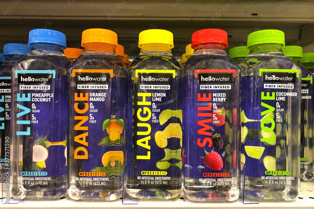 Alameda, CA - Sept 7, 2020: Grocery store shelf with bottles of hello ...