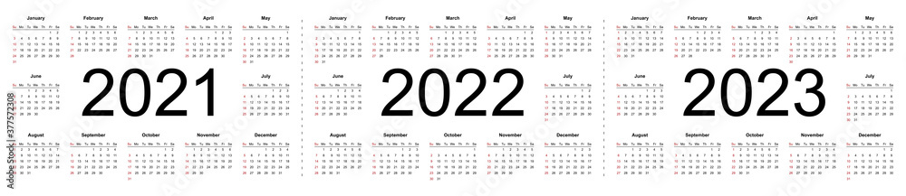 Simple calendar Layout for 2021, 2022 and 2023 years. Week starts from ...
