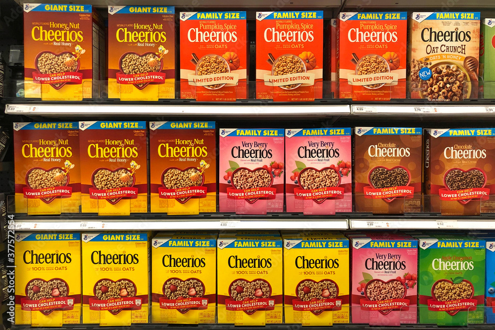 Alameda, CA - Sept 9, 2020: Grocery store shelf with General Mills ...