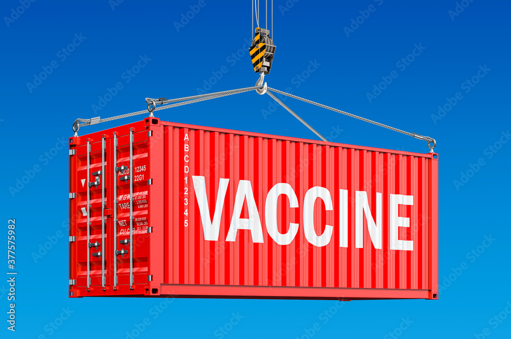 Vaccine shipping concept. Cargo container with vaccine hanging on the ...