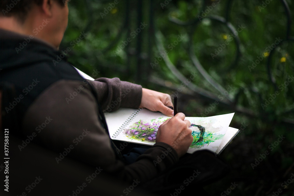 Direct observation of the artist, man, creativity, artwork, watercolor ...