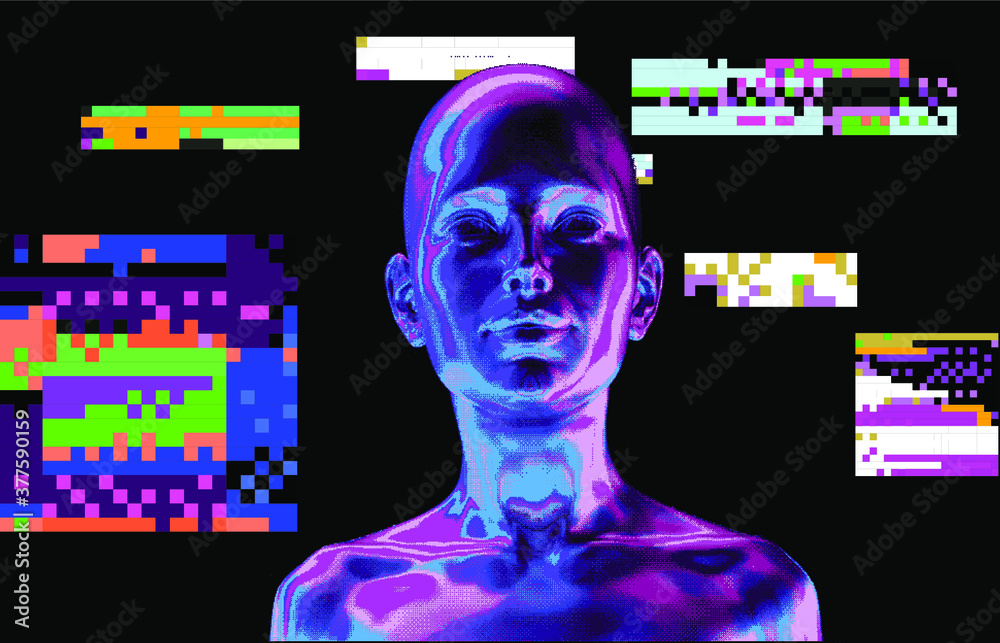Artificial human on glitched background. Pixel art illustration. Stock ...