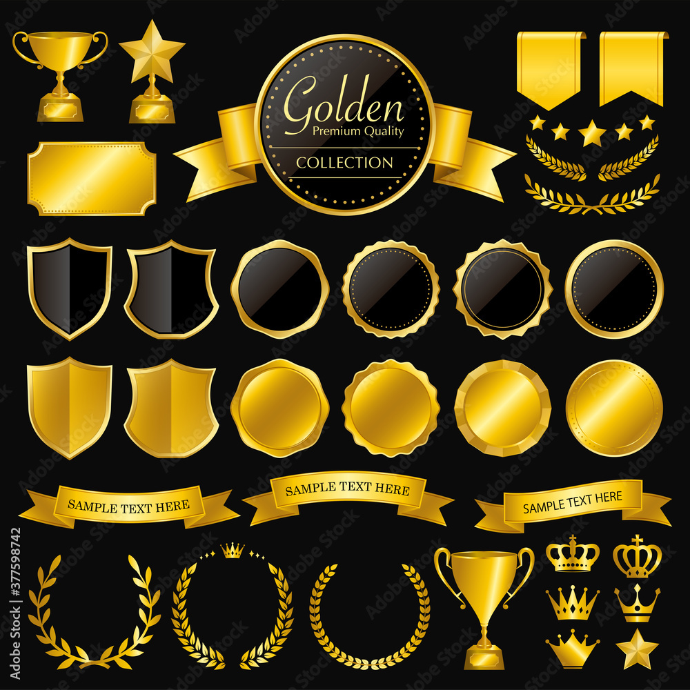 Gold label, retro design badge, stamp, medal, ribbon and emblem set ...