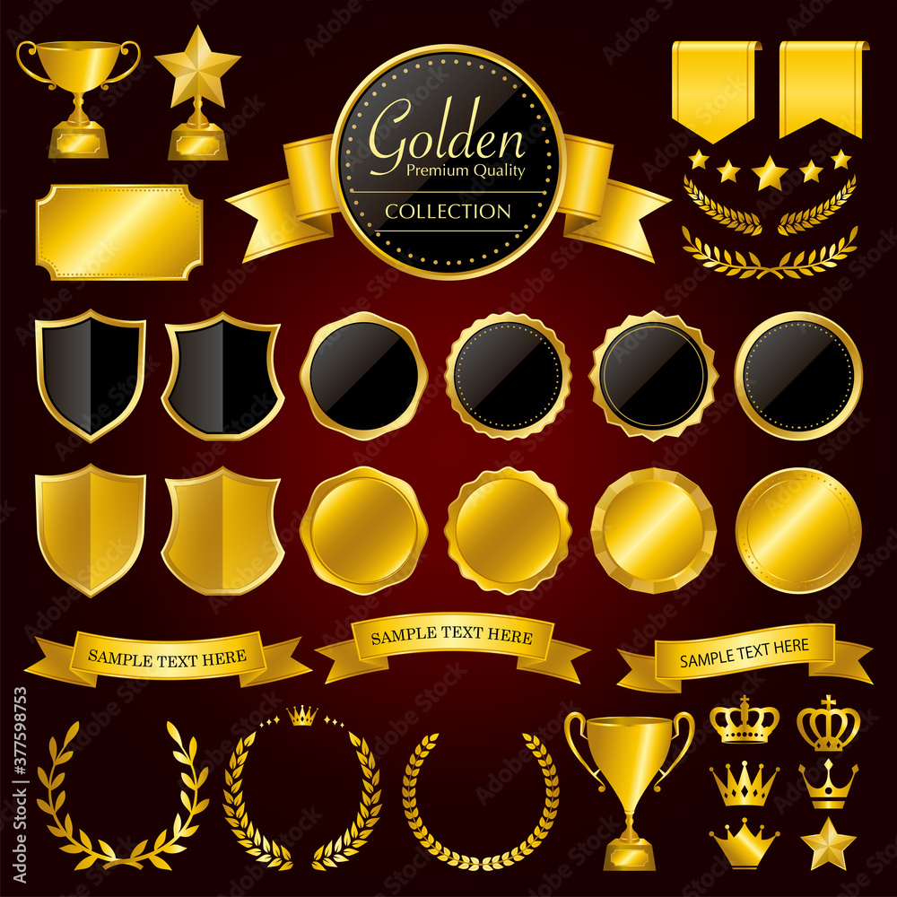 Gold label, retro design badge, stamp, medal, ribbon and emblem set ...