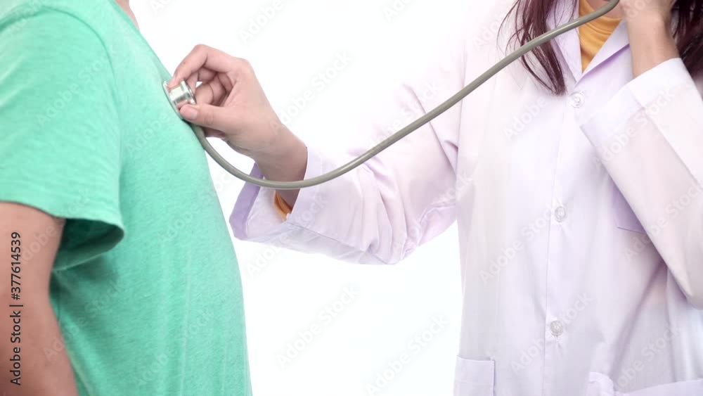 Close up of young woman doctor ware uniform lab coat use stethoscope to ...