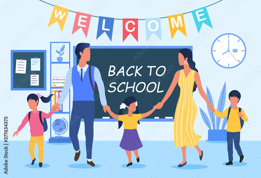 Back To School concept with young family as the parents lead their ...
