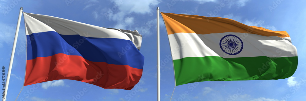 Waving flags of Russia and India on flagpoles, 3d rendering Stock ...