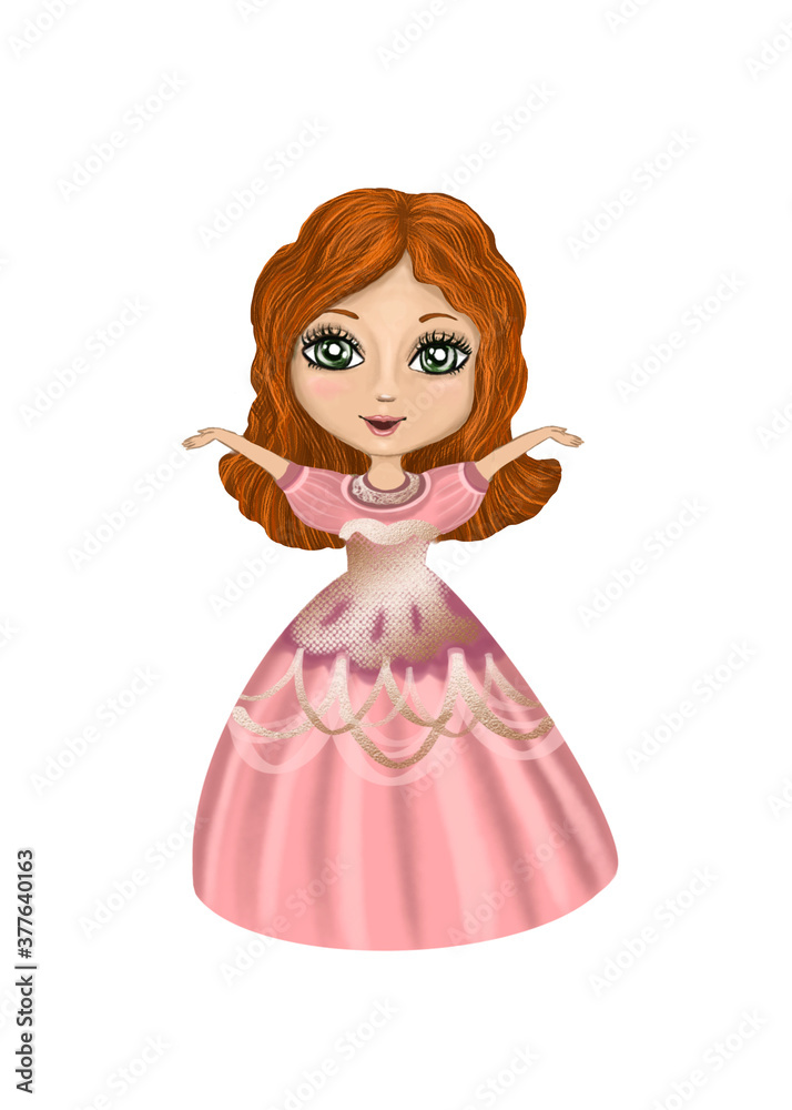 Red hair super cute princess in decorative pink dress. Hand drawn fairy ...