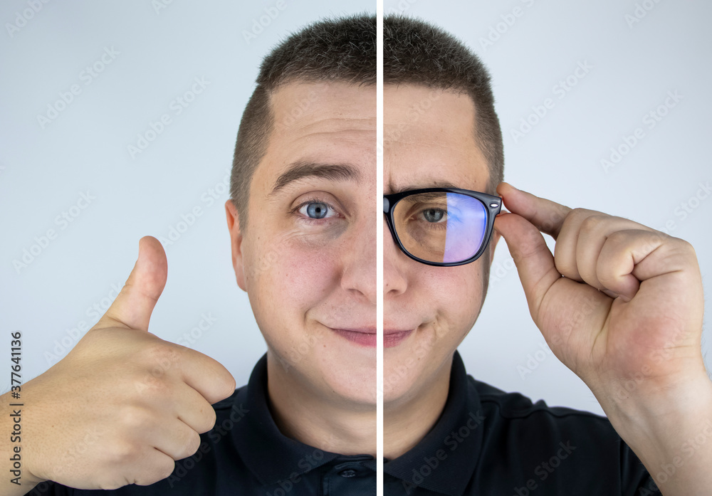 A man with glasses before and after. On one half, the face is happy ...