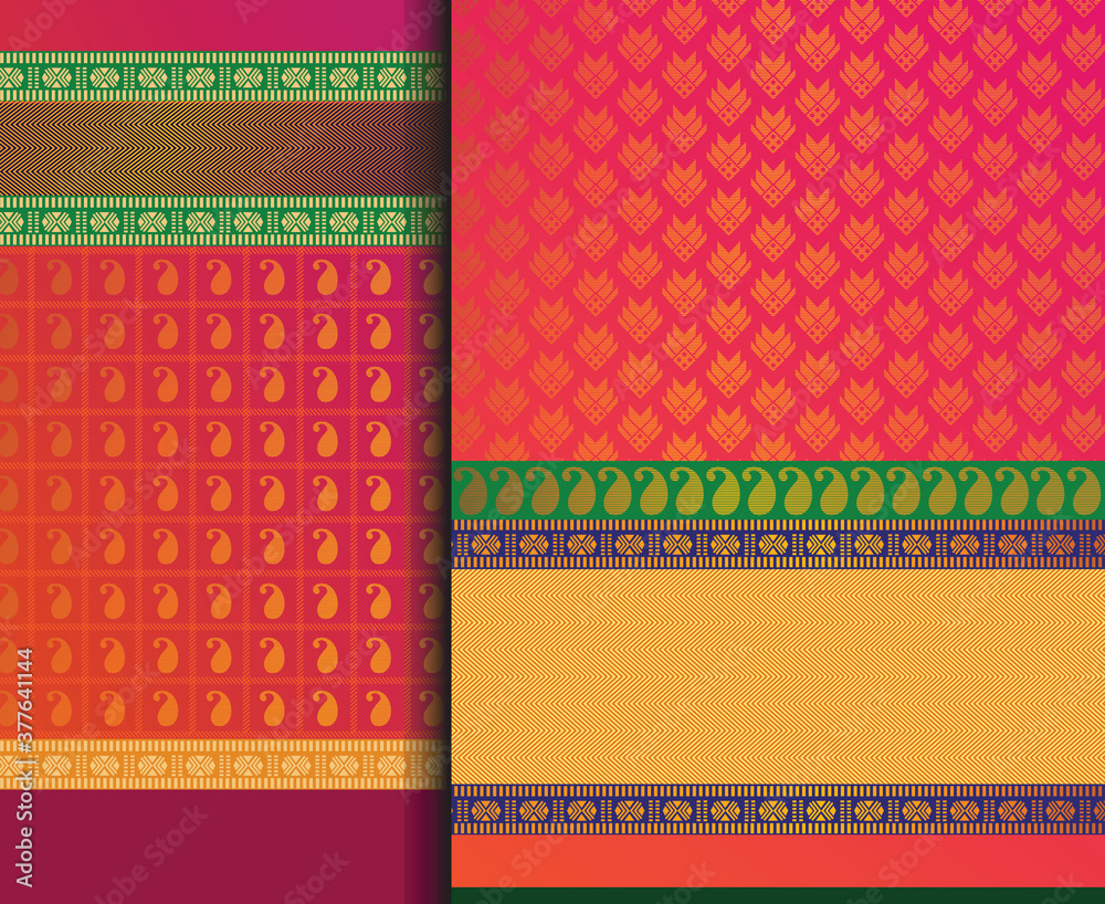 Indian Pattu Sari Vector pattern set. Traditional handmade Indian silk ...