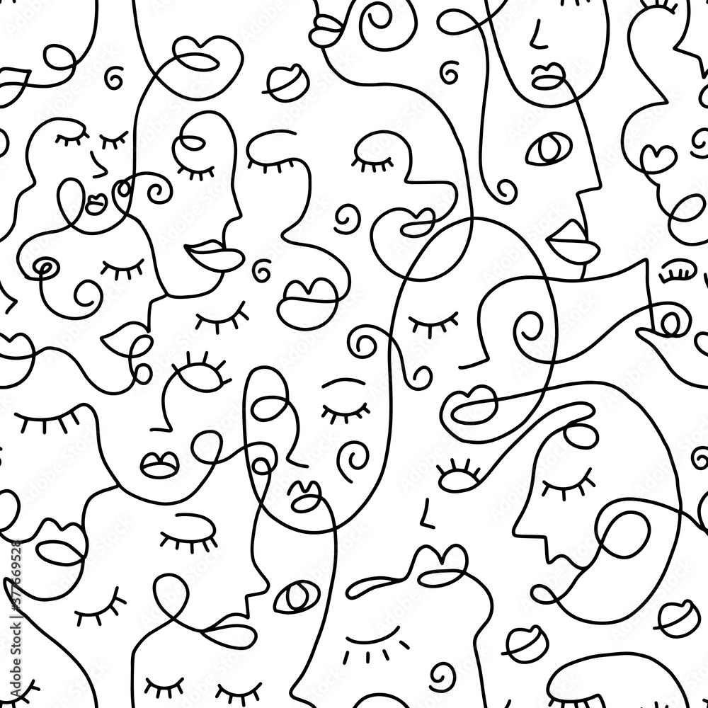 One line drawing abstract face seamless pattern. Modern minimalism art ...