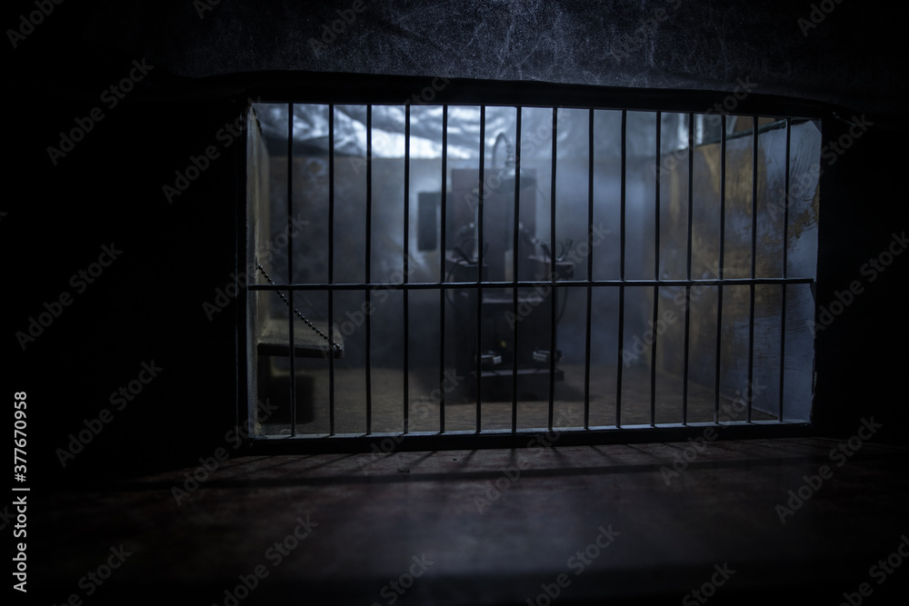 Jail or prison cell. Obsolete gray grunge concrete room. Old prison ...