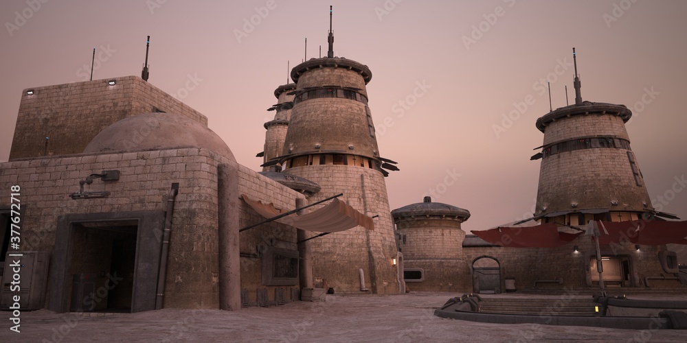 Futuristic Sci-fi scene. Desert outpost against dusty alien sky. Stone ...