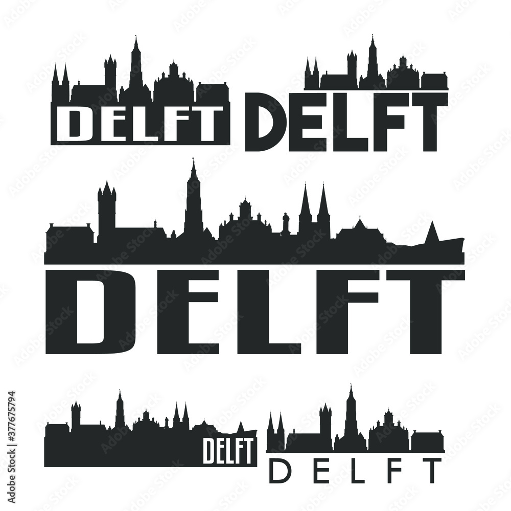 Poster Delft Netherlands Flat Icon Skyline Vector Silhouette Design Set ...