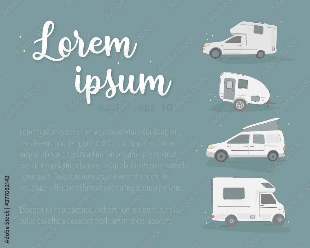 Vector background with rv camping trailers, travel mobile home, caravan ...