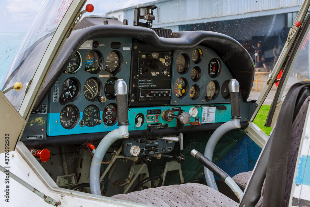 Small aircraft control panel, detail of the cabin. Small plane cockpit ...
