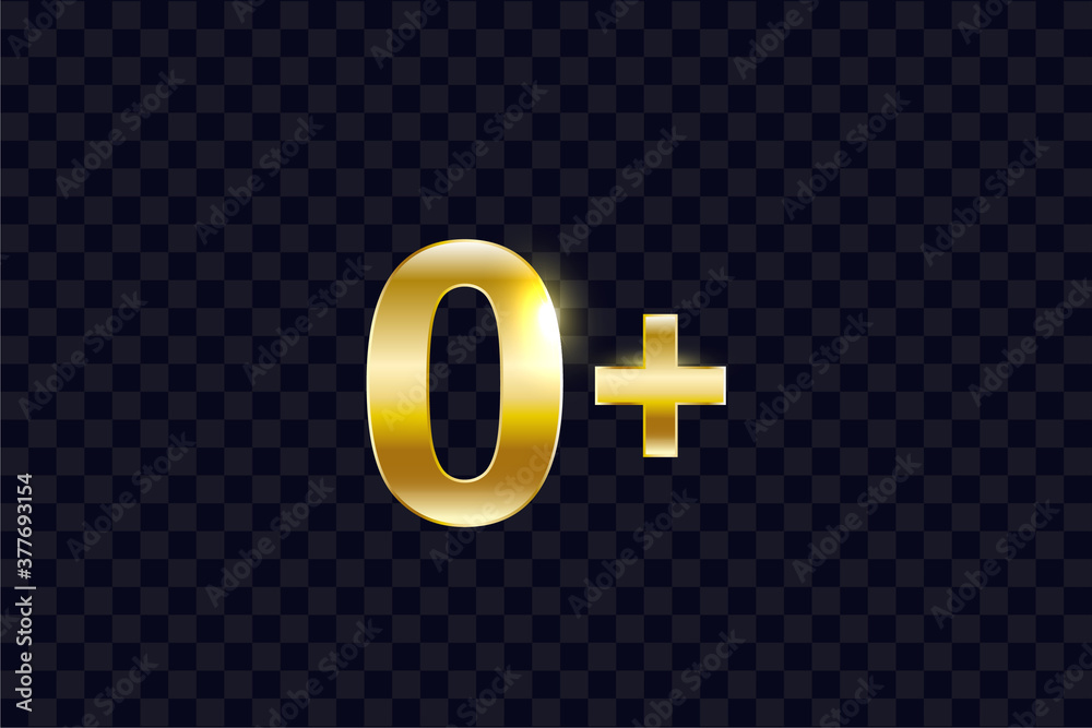 0+. zero plus. Shiny vector 3D golden number on a black transparent ...
