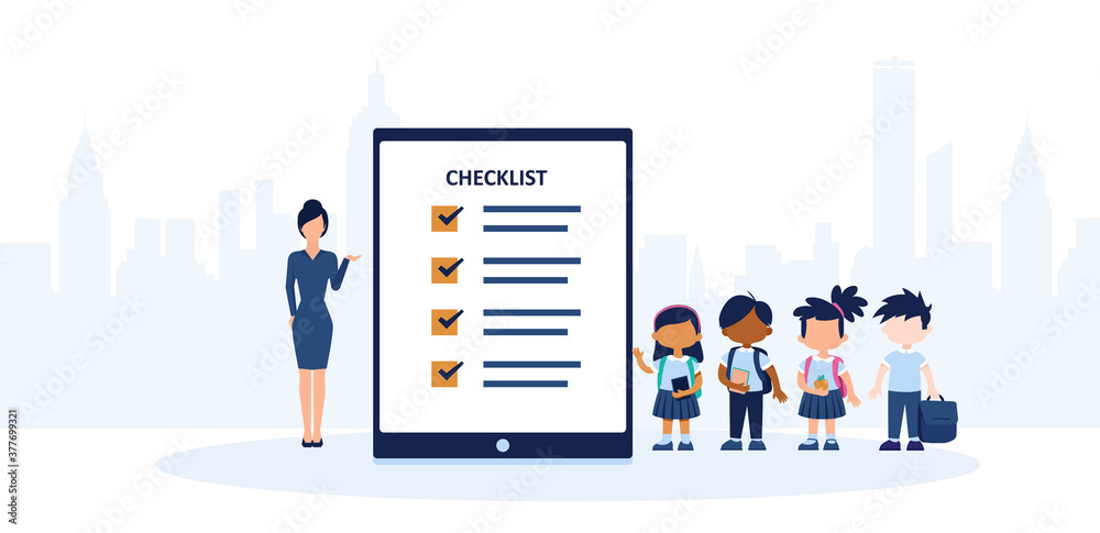 Vector of a teacher and a group of students standing by a checklist ...