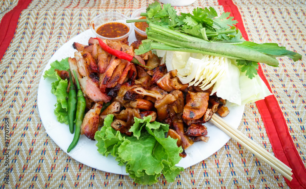 Thai food, grilled pork neck, Pork Intestines with grilled and dipping ...