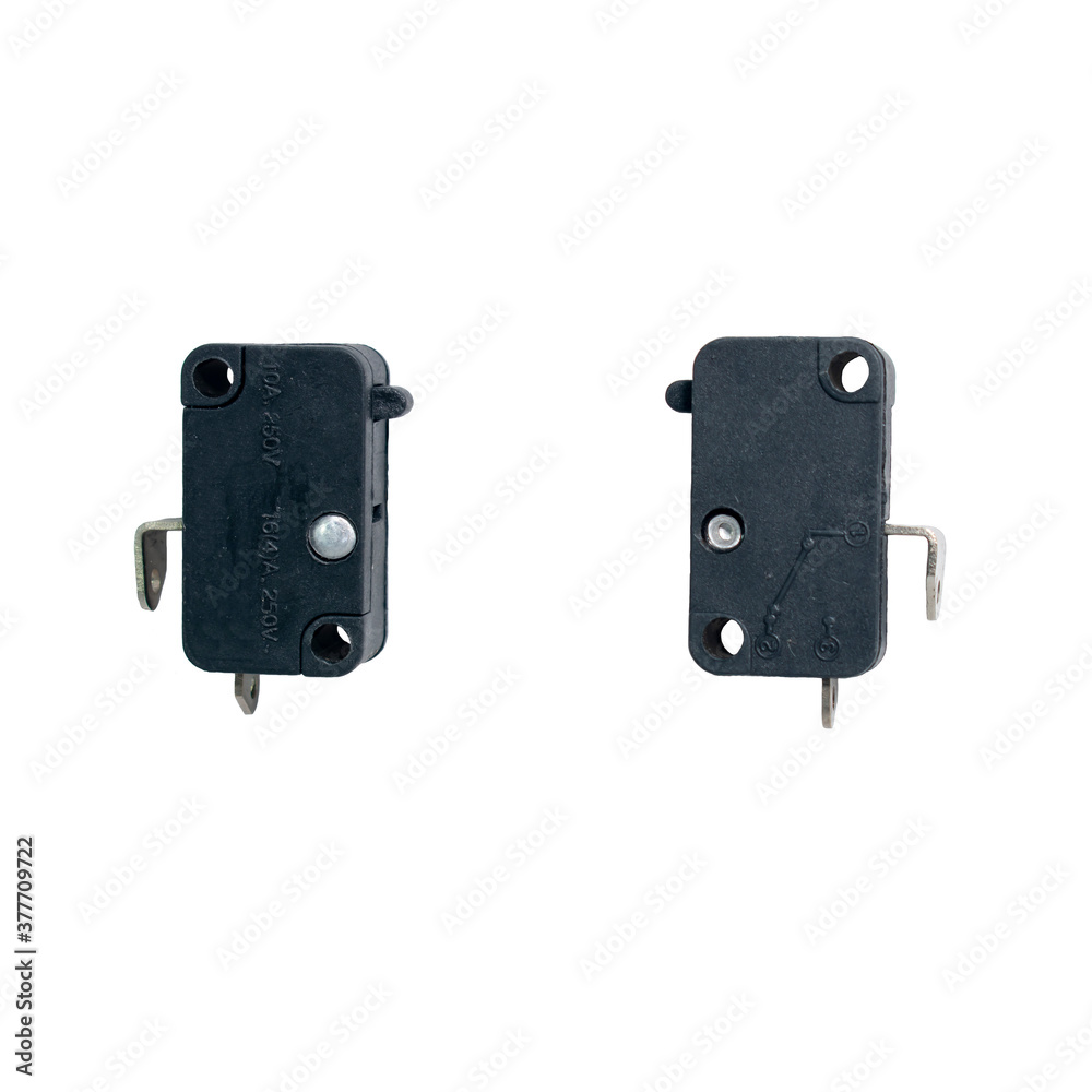 Limit switch black plastic isolated white background, control device ...