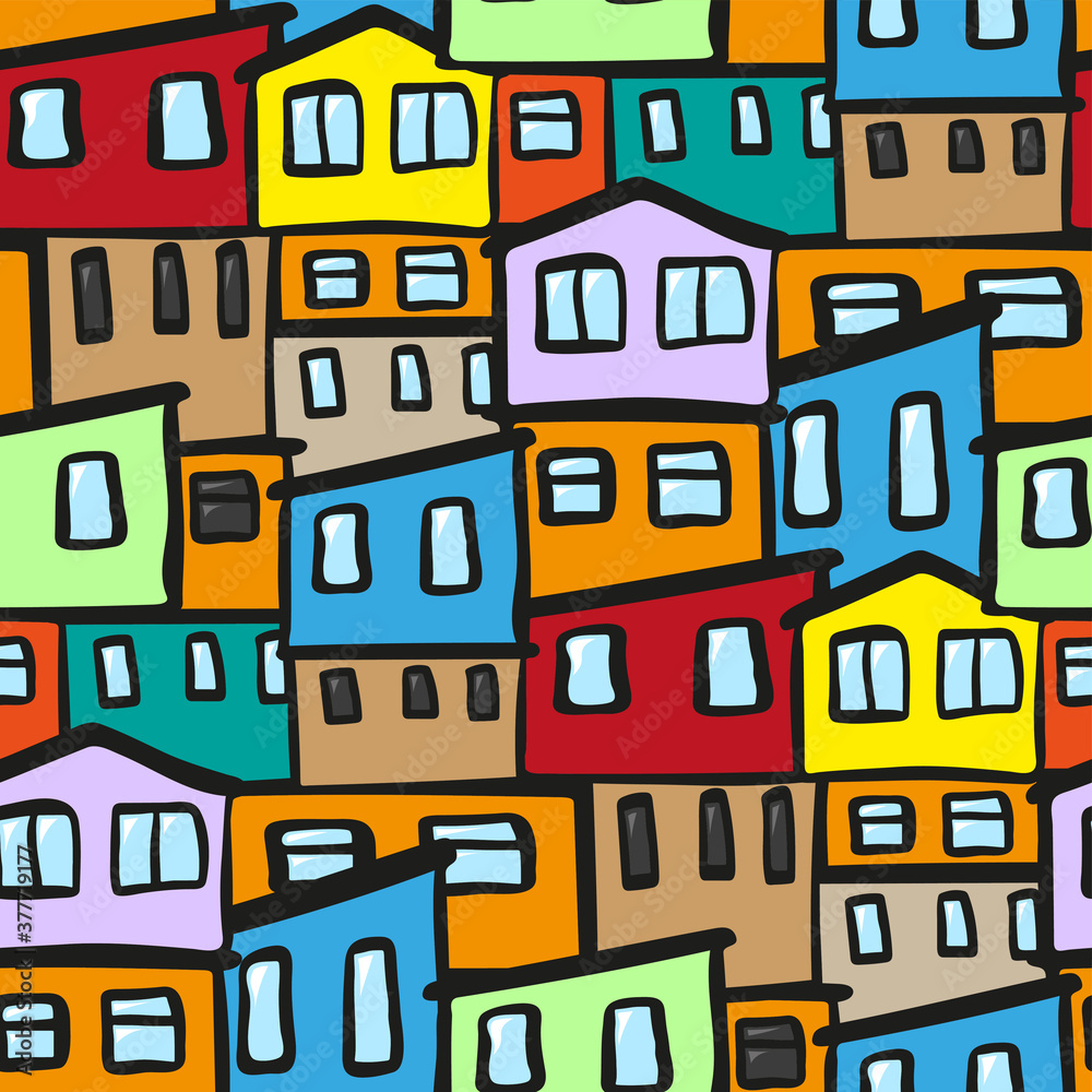 Bright multicolored colorful houses in the favela. Cute seamless ...