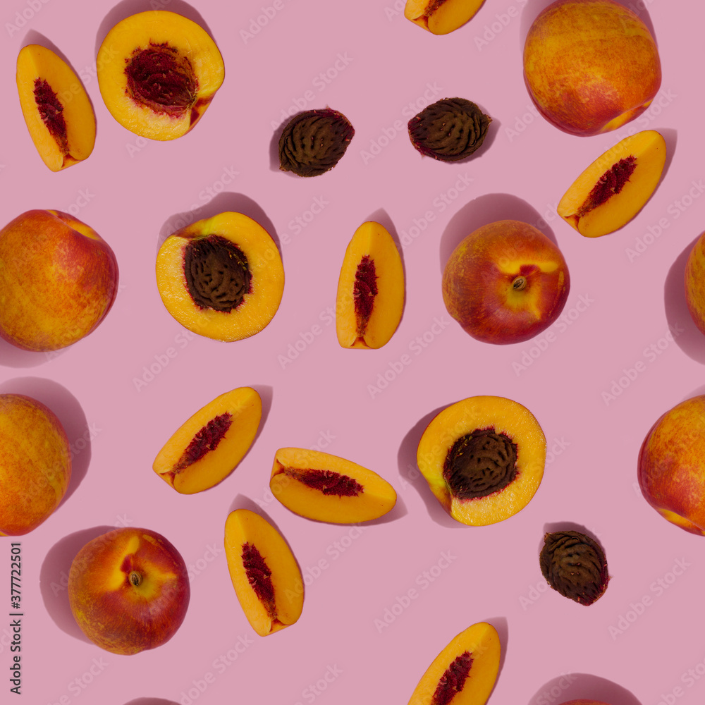 Peaches seamless pattern, cut peaches, peach pits. Pink background ...