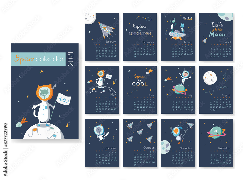 Calendar 2021. Templates with space theme design. Cute funny animals in ...