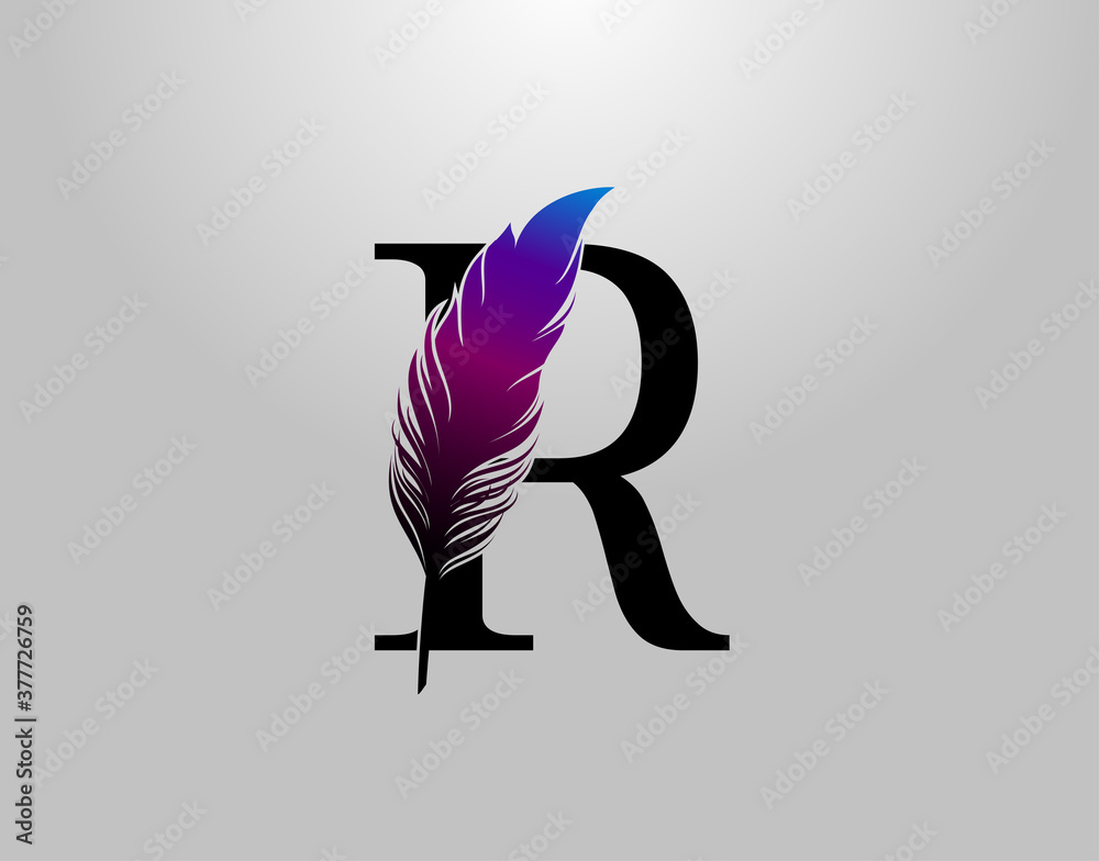Feather R Letter Brand Logo icon, vector design concept feather with ...