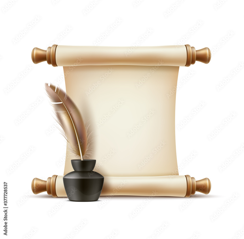 Vector realistic quill pen in inkpot paper scroll Stock Vector | Adobe ...